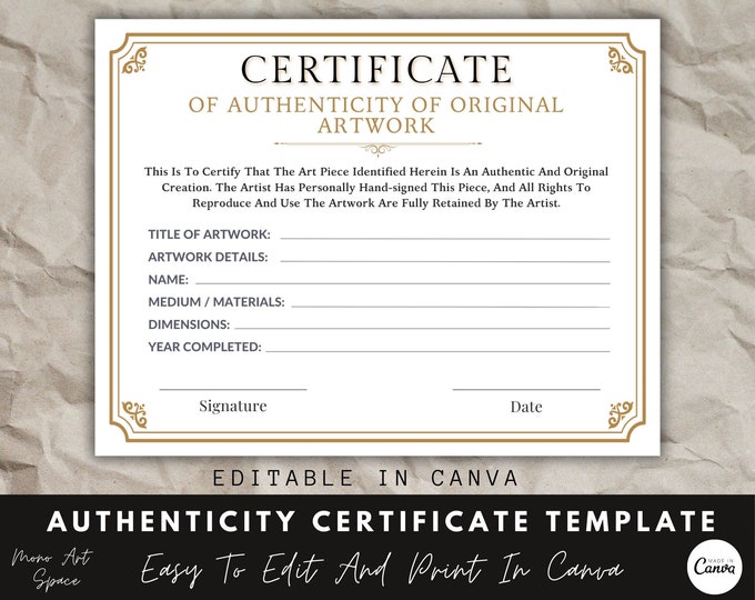 Editable Certificate of Authenticity for Artwork, Artwork Certificate ...