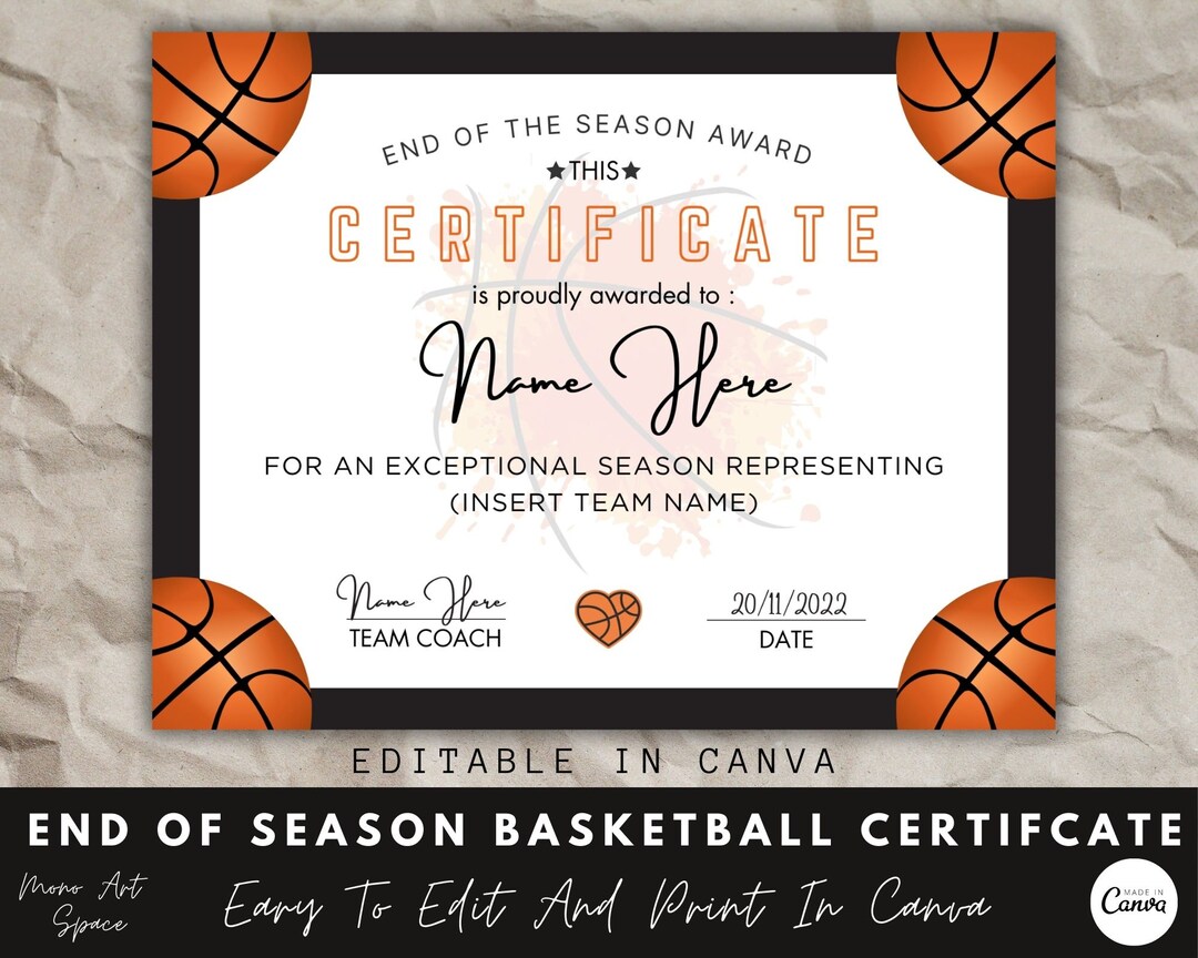 End of Season Basketball Award Certificate, Canva Template, Editable ...