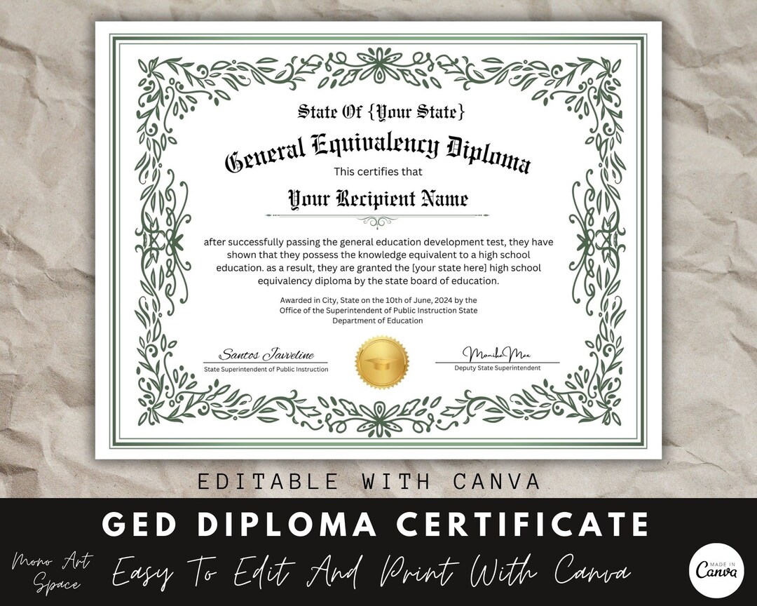 GED Diploma Certificate, Editable Certificate, Canva Template, Diploma ...