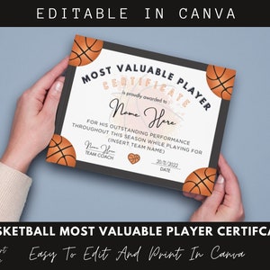 Basketball MVP Award Certificate, Editable Canva Template (digital ...