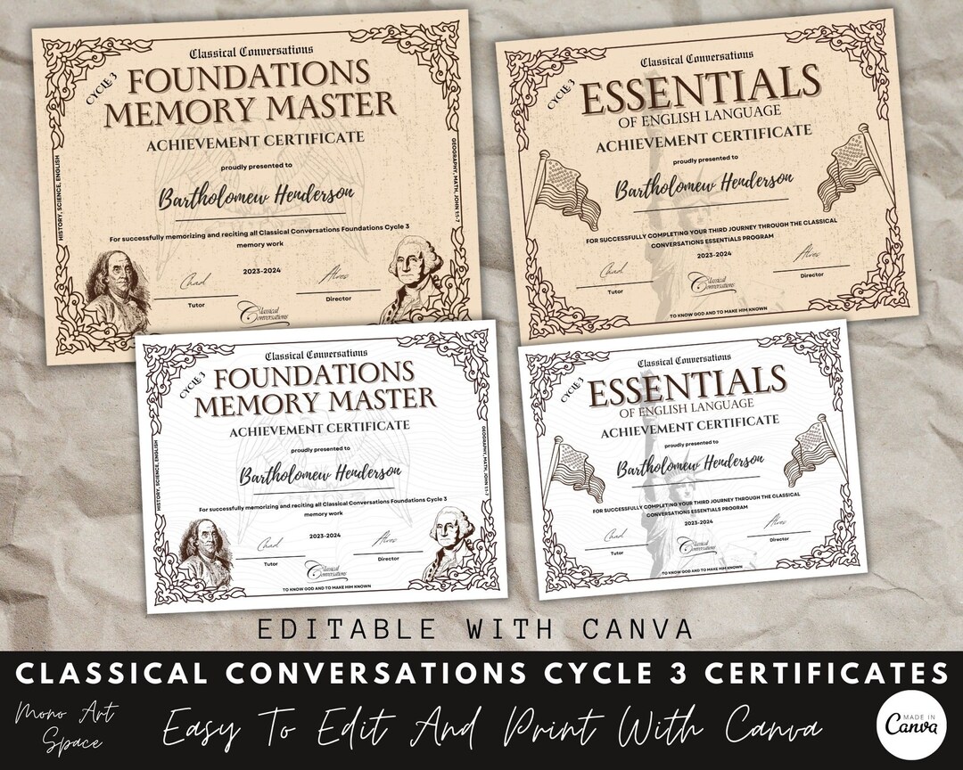 Classical Conversations Cycle 3 Certificate Template, Editable Canva ...