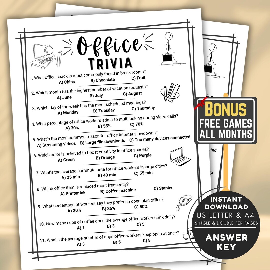 Office Trivia Game Printable, Fun Work Quiz Activity With Answer Key ...