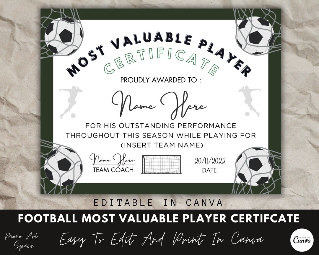 Most Valuable Player Award Certificate, Canva Template, Editable ...
