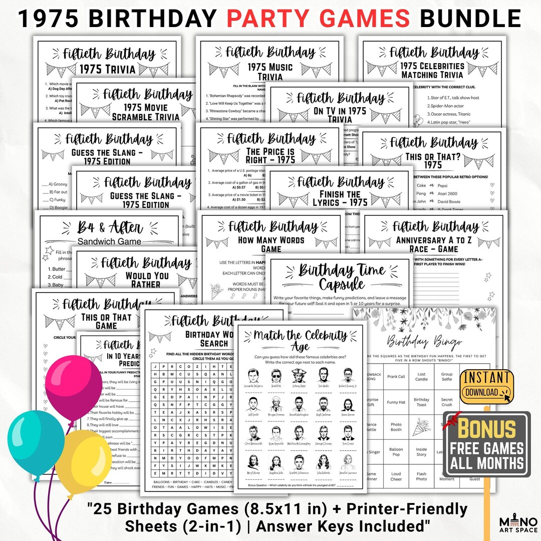1975 Birthday Games Bundle, 50th Party Printable Trivia, 70s Theme Quiz ...