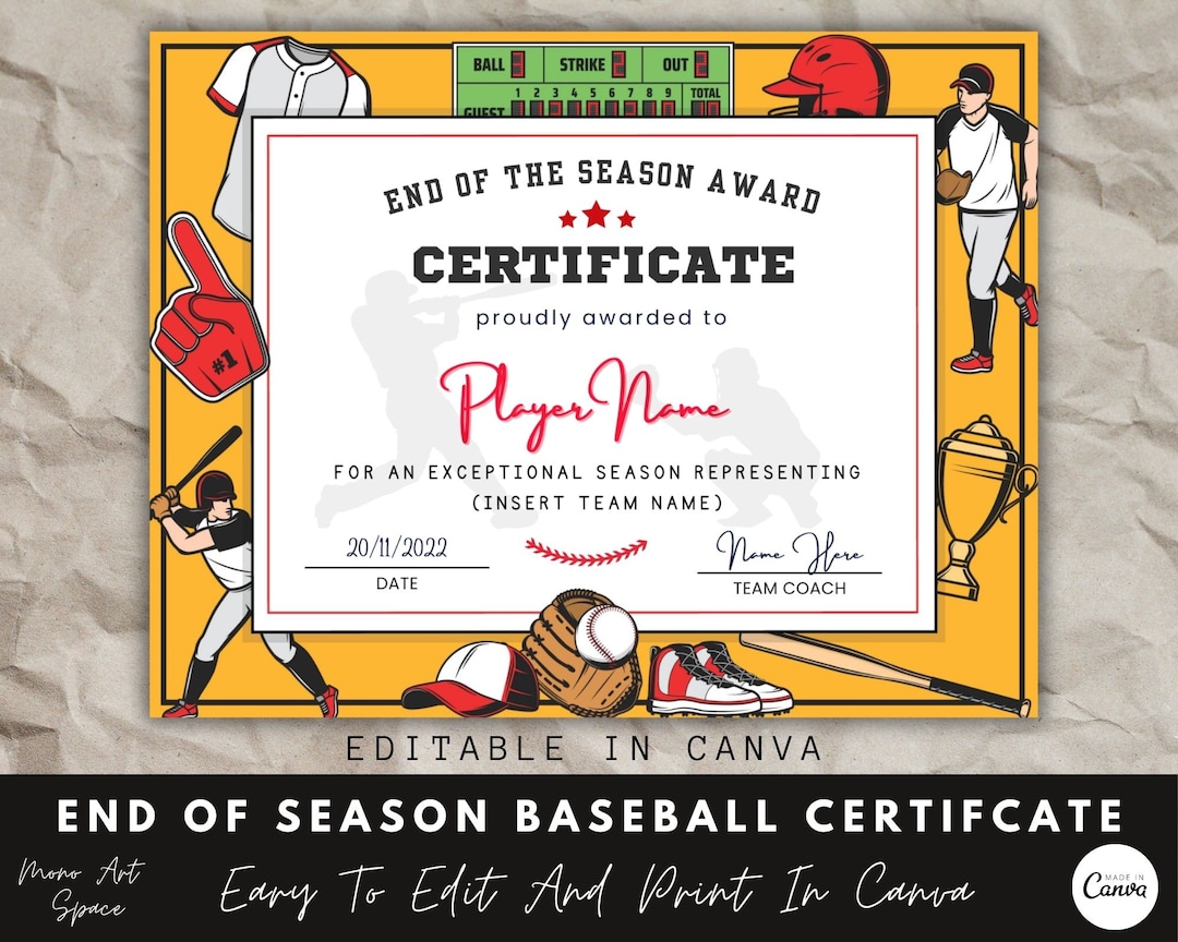 End of Season Baseball Award Certificate, Canva Template, Editable ...