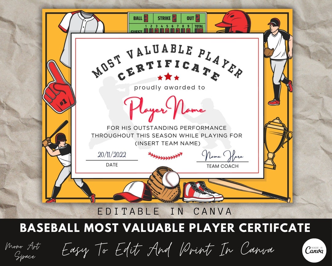 Most Valuable Player Award Certificate, Canva Template, Editable ...