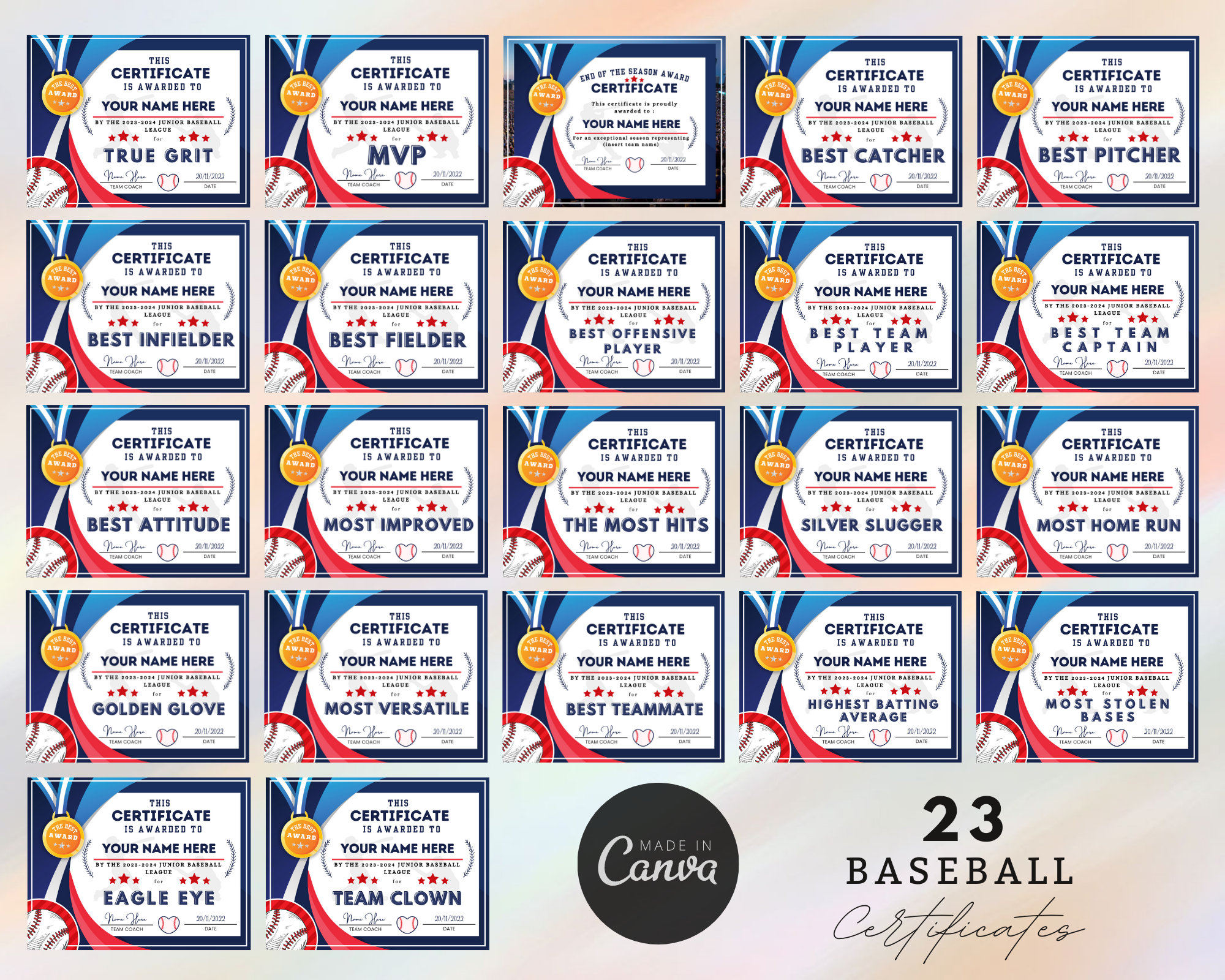 Certificados de premios de béisbol imprimibles, plantillas editables de ...