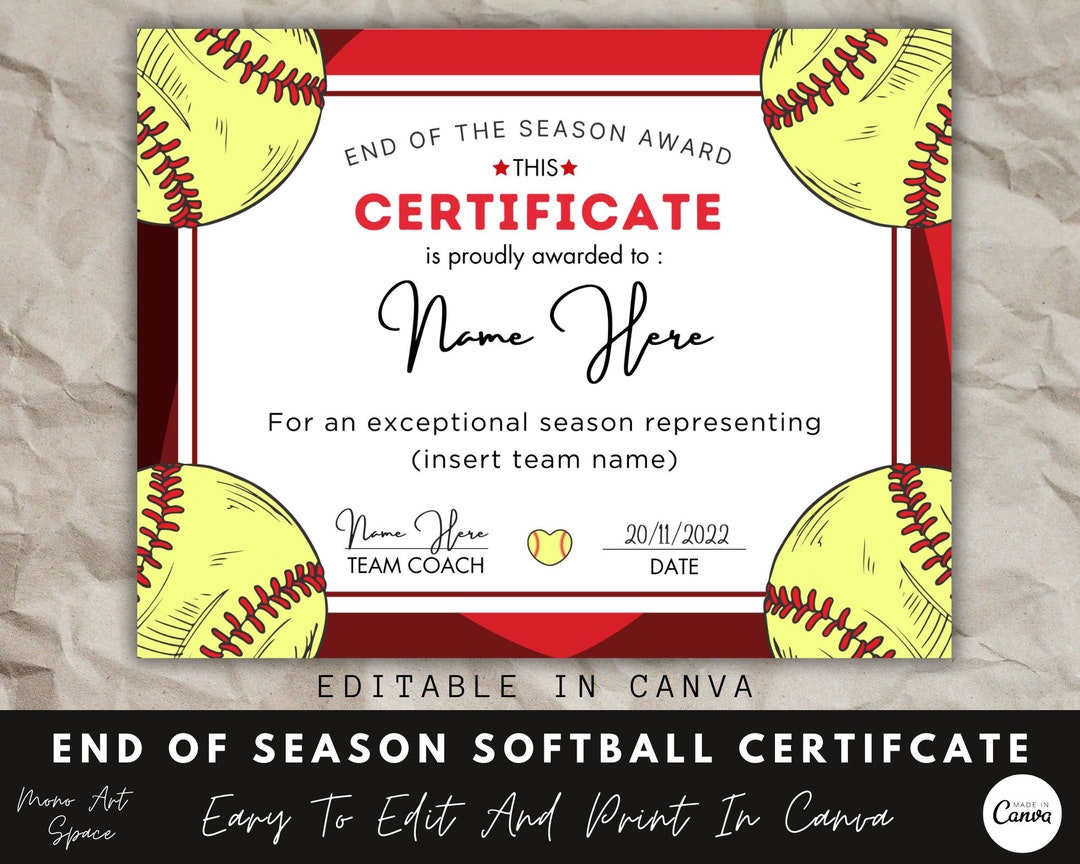 End of Season Softball Award Certificate, Canva Template, Editable ...