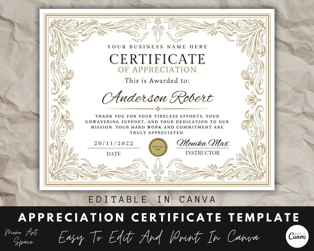 Editable Certificate of Appreciation, Canva Template, Appreciation ...