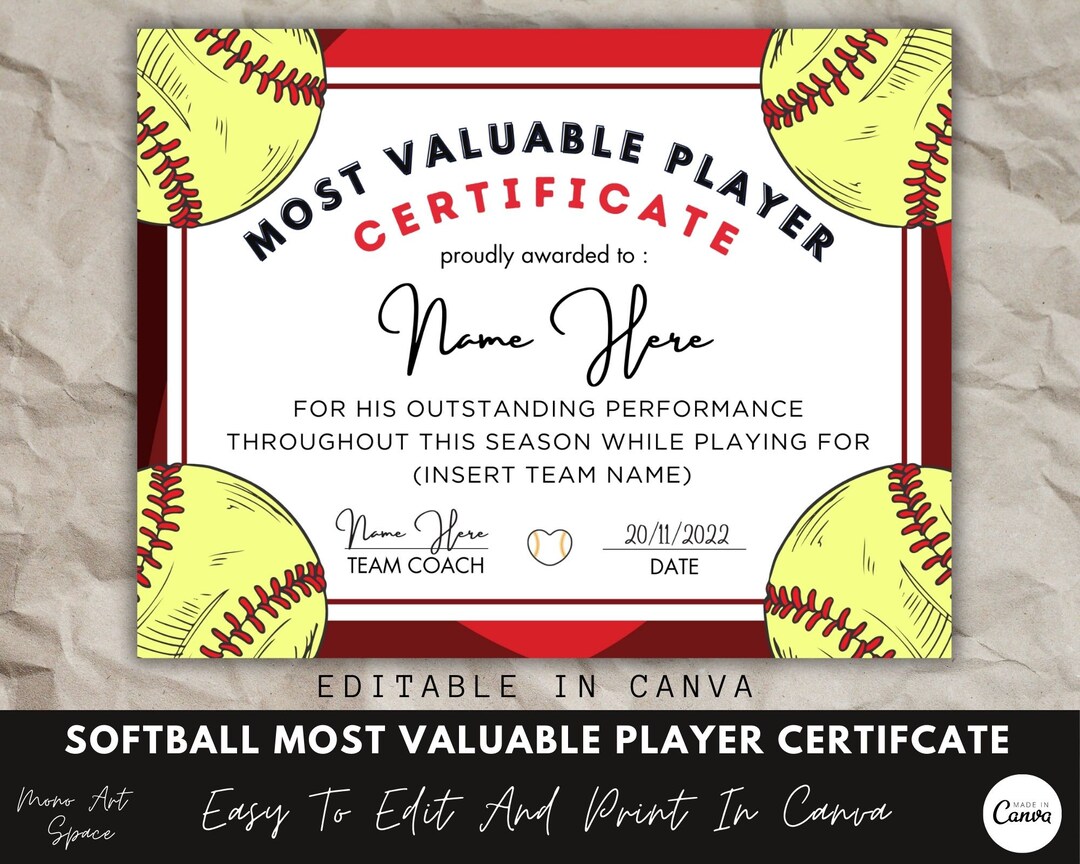 Softball MVP Award Certificate, Editable Canva Template (digital ...