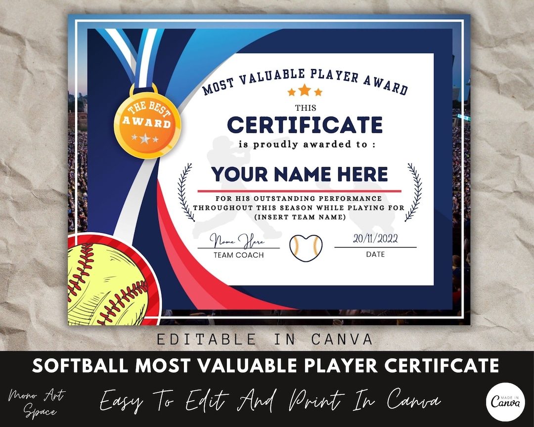 Most Valuable Player Award Certificate, Canva Template, Editable ...