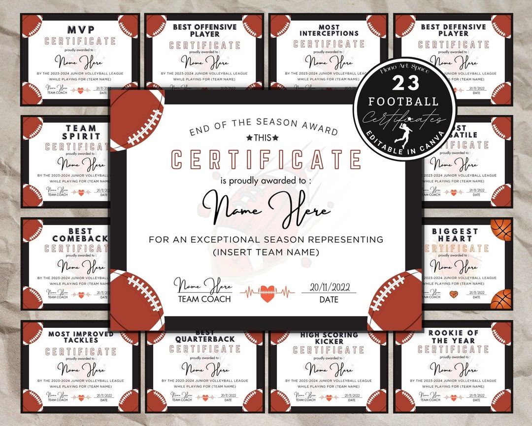 23 American Football Certificates, Canva Template, Editable American ...