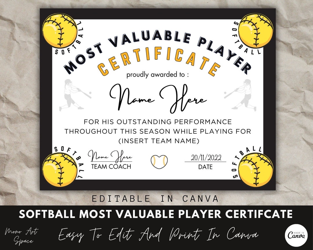 Editable Softball Team Certificate Template, Canva Template, Most ...