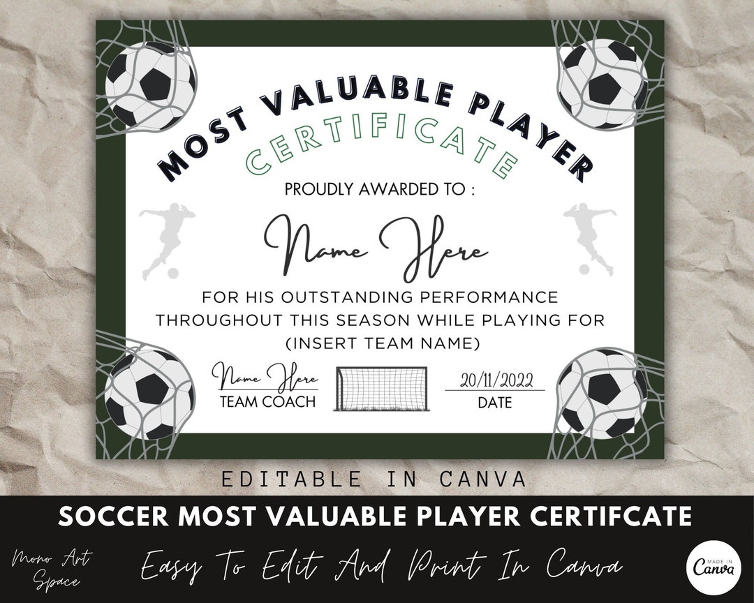 Editable Soccer Team Certificate Template, Most Valuable Player Award ...
