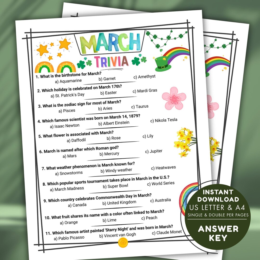 March Trivia Game Printable, St. Patrick’s Day Quiz, Spring Party ...