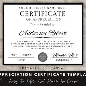 Editable Certificate of Appreciation , Canva Template, Appreciation ...