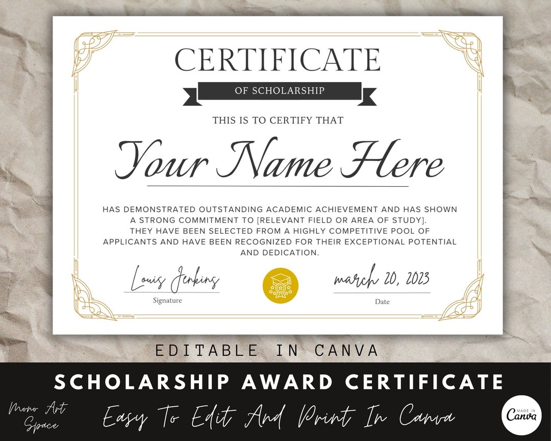 Editable School Award Certificate, Scholarship Award Template, Canva ...