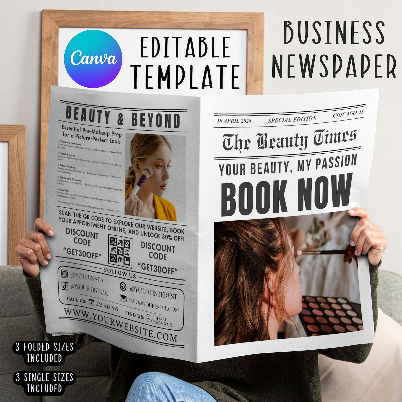 Editable Business Newspaper Template, Beauty Salon Announcement (canva ...