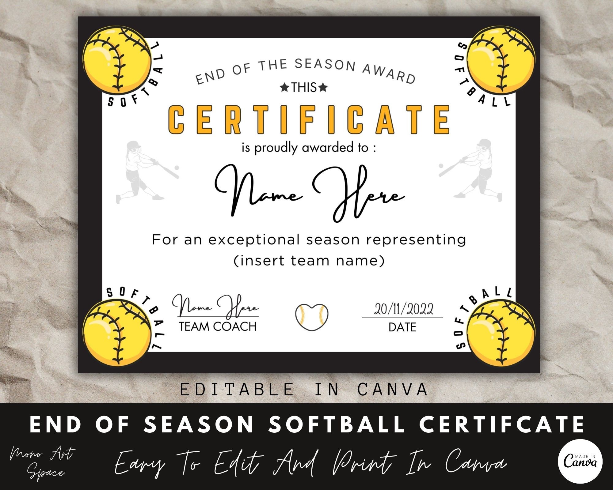 Editable Softball Award Certificate, End of Season Template (canva) - Etsy