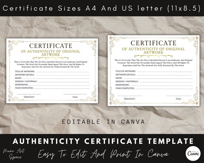 Editable Art Certificate of Authenticity Template (canva) - Etsy
