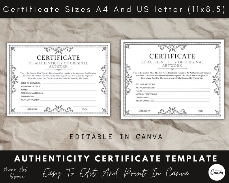 Plantilla de certificado de autenticidad de obra de arte, editable en ...