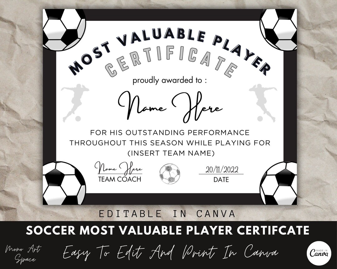 Most Valuable Player Award Certificate, Canva Template, Editable Soccer ...