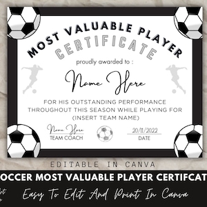 Most Valuable Player Award Certificate, Canva Template, Editable Soccer ...