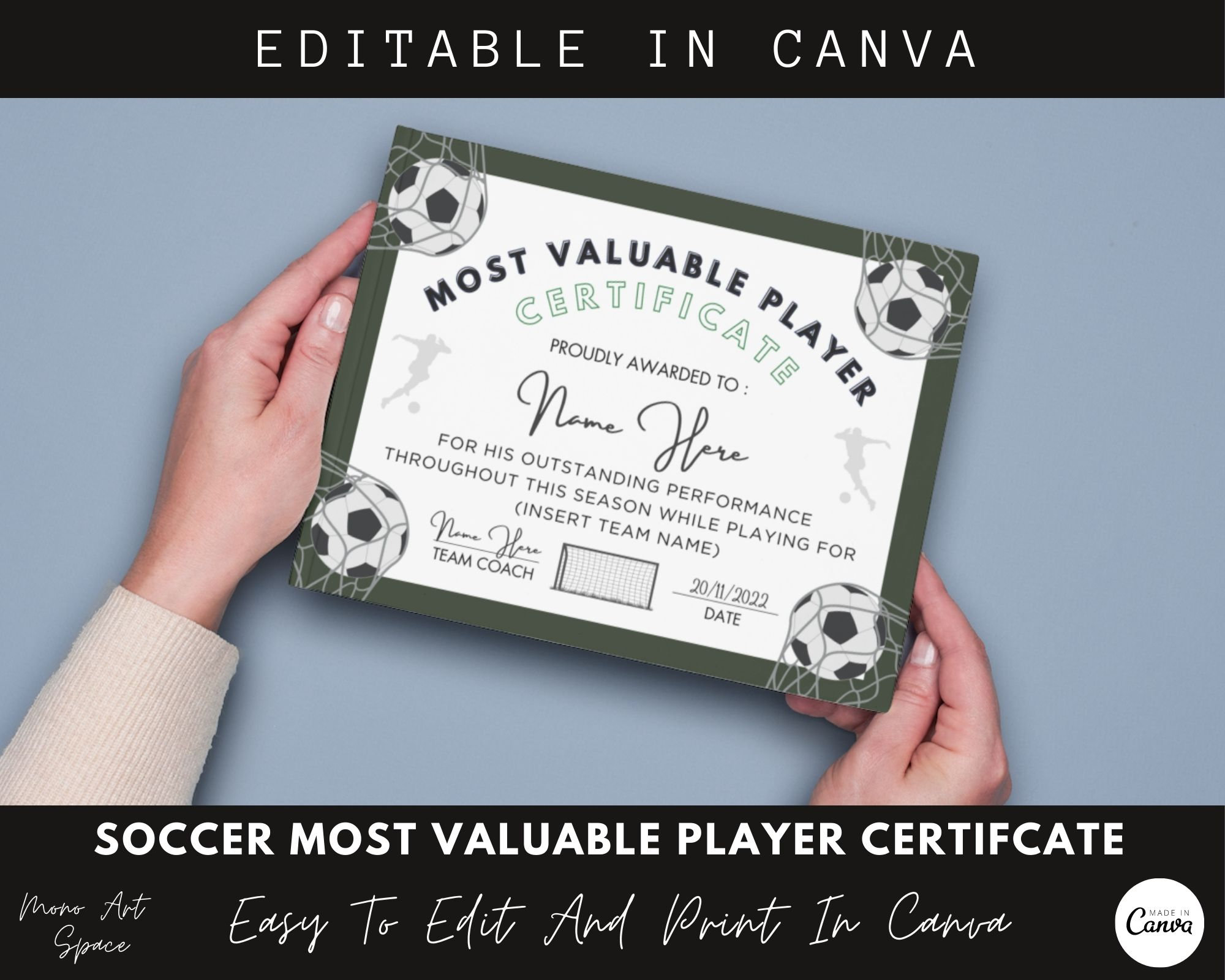 Editable Soccer MVP Award Certificate, Canva Template - Etsy