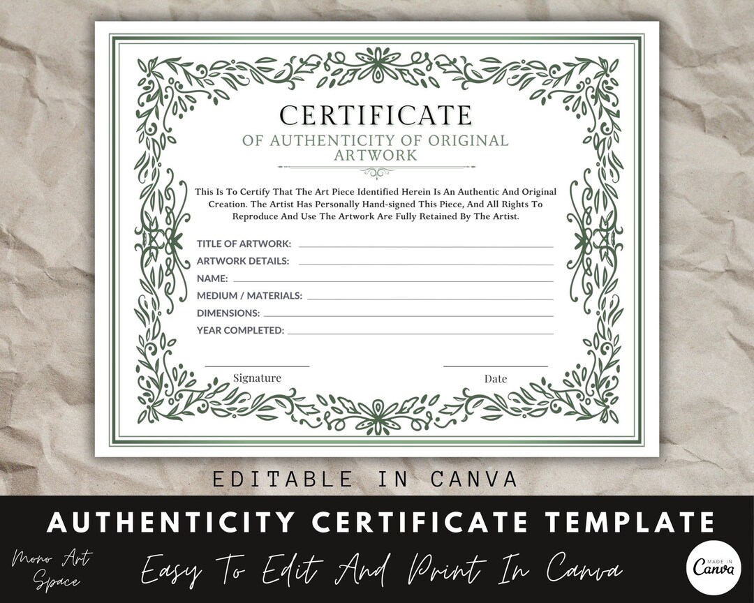 Plantilla de certificado de autenticidad de obra de arte, editable en ...