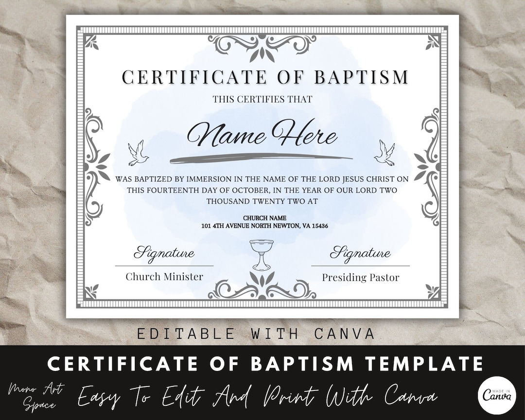 Editable Baptism Certificate Template, Elegant Design (canva Template ...