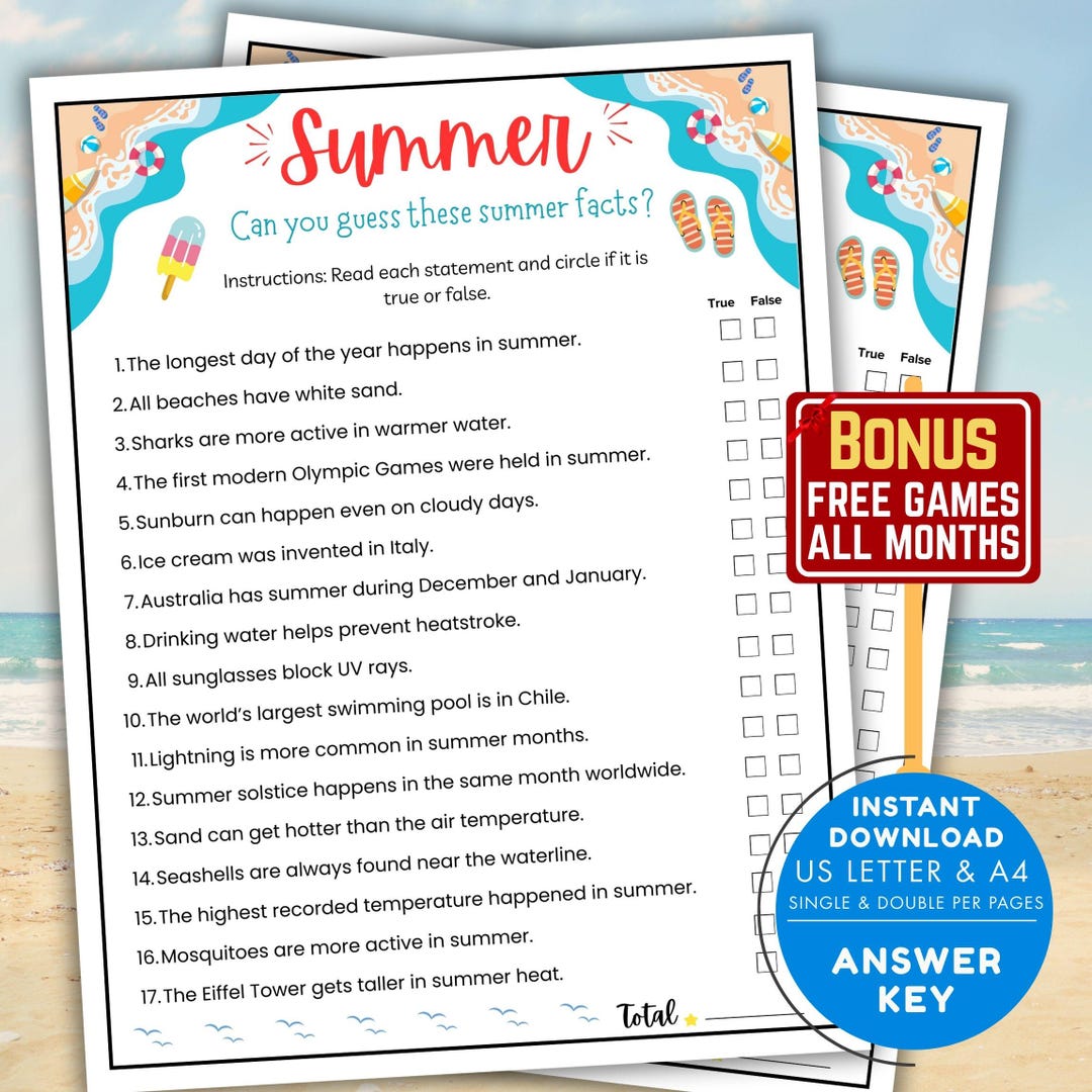 Summer Party Game Printable – Summer Facts True/false Quiz + 12 Free ...