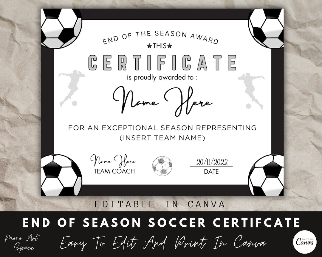 End of Season Soccer Award Certificate, Canva Template, Editable Soccer ...
