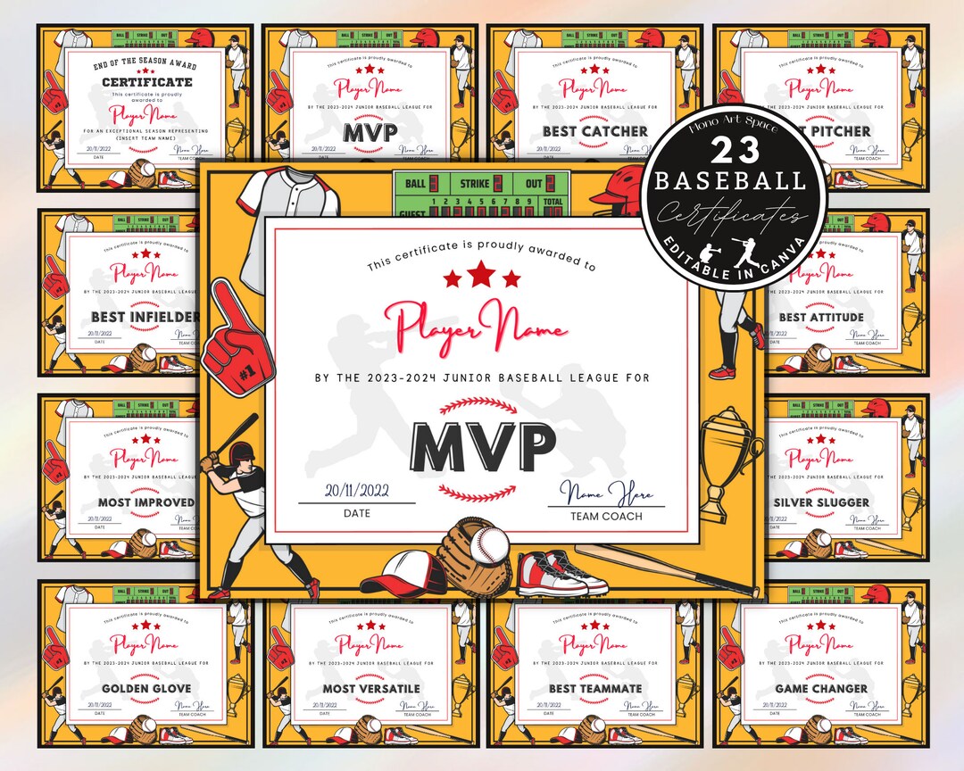 23 Printable Baseball Award Certificates, Editable Canva Templates - Etsy