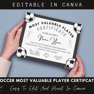 Most Valuable Player Award Certificate, Canva Template, Editable Soccer ...