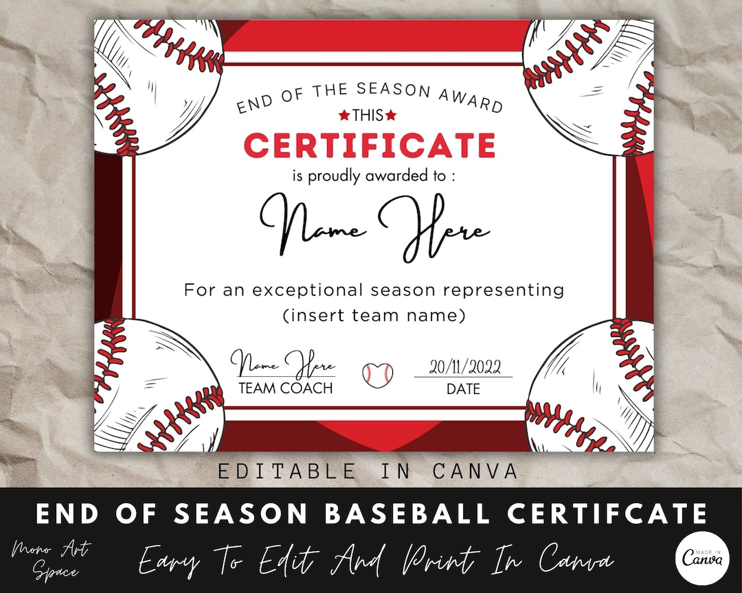 End of Season Baseball Award Certificate, Canva Template, Editable ...