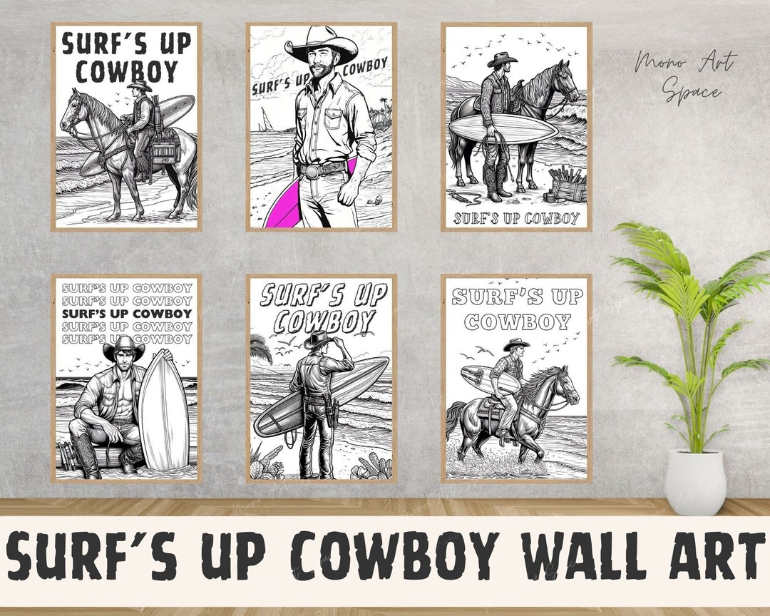 6 Surfs up Cowboy Bundle, Cute Wall Art, Coastal Cowboy Art, Western ...