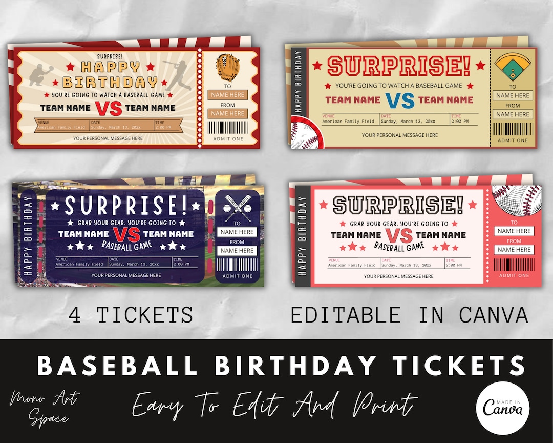 4 Editable Baseball Tickets, Baseball Custom Tickets, Printable ...