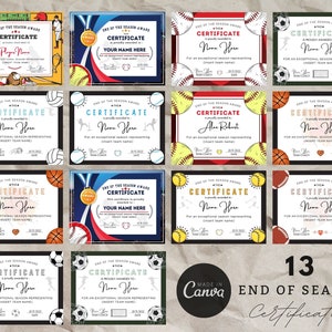13 End of Season Award Certificates, Canva Template, Multiple Sports ...