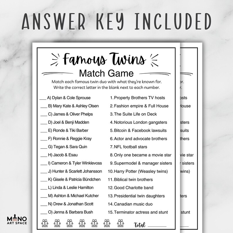 Famous Twins Trivia Match Game, Fun Party Activity (PDF JPG) - Etsy