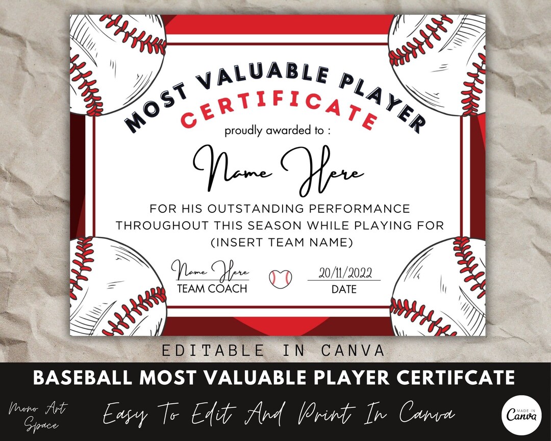 Editable Baseball Team Certificate Template, Most Valuable Player Award ...