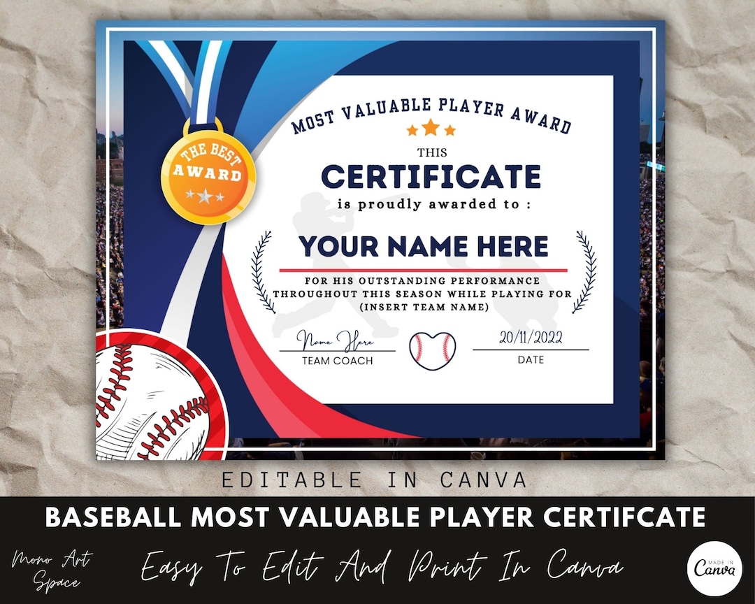 Most Valuable Player Award Certificate, Canva Template, Editable ...