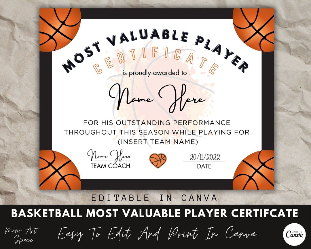 Most Valuable Player Award Certificate, Canva Template, Editable ...