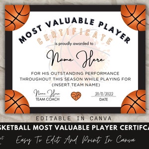 Most Valuable Player Award Certificate, Canva Template, Editable ...
