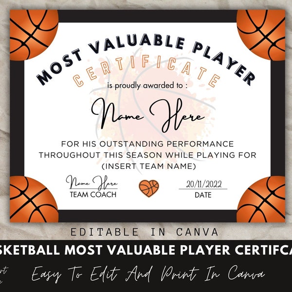 Most Valuable Player Certificate - Etsy