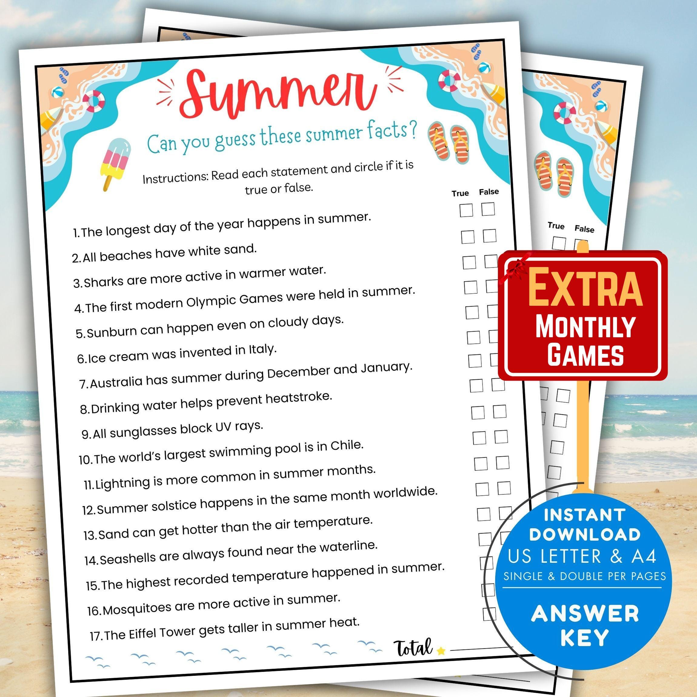 Summer Trivia Game – True or False Quiz, Beach Party Activity (PDF ...