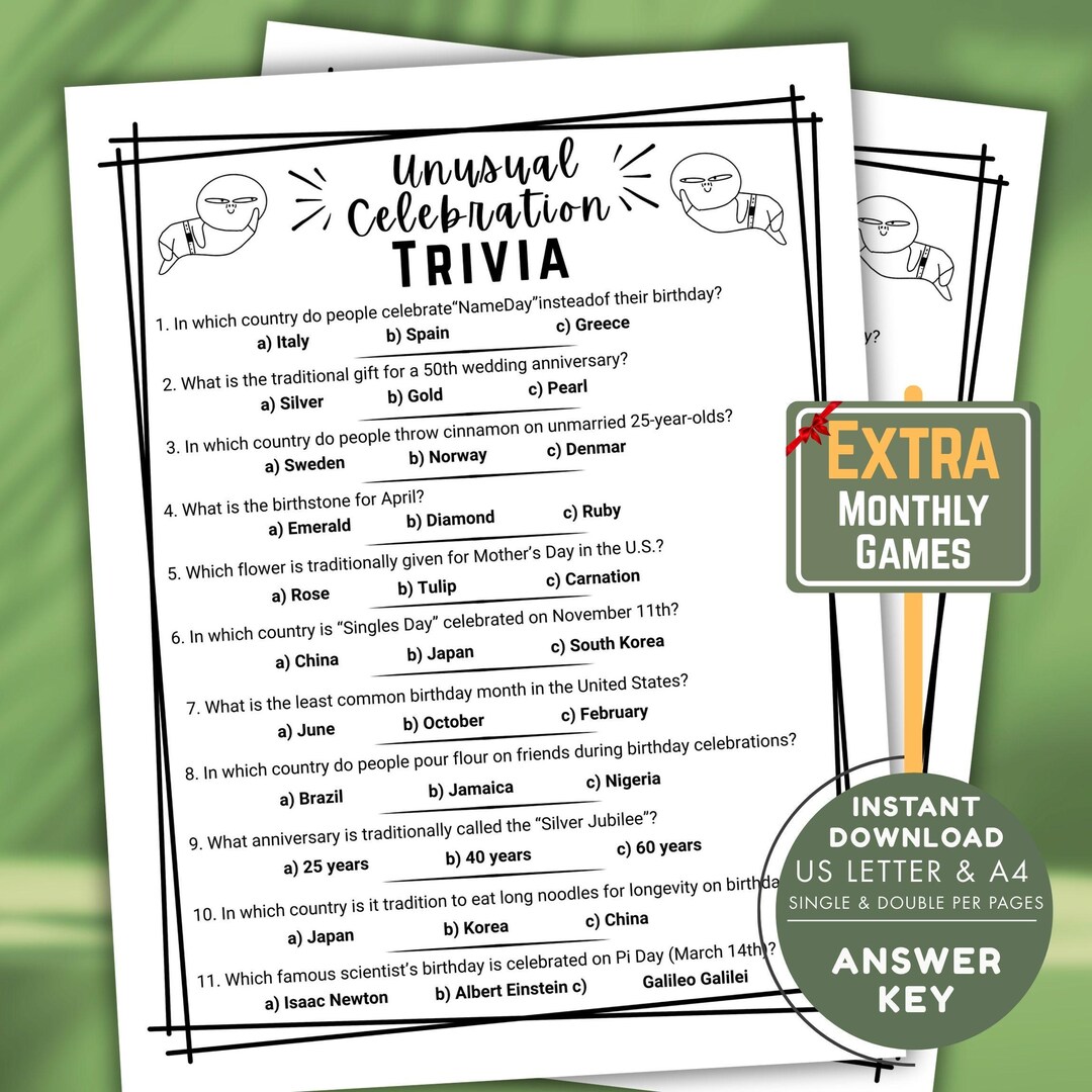 Unusual Celebration Trivia Game, Fun Quiz, Party Icebreaker (PDF & JPG ...
