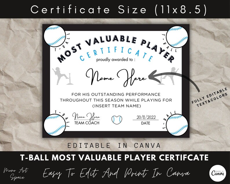 Editable T-ball MVP Award Certificate, Canva Template (digital Download ...