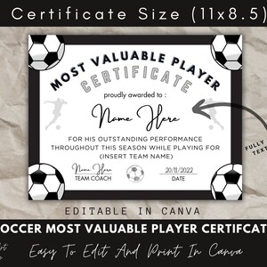 Most Valuable Player Award Certificate, Canva Template, Editable Soccer ...