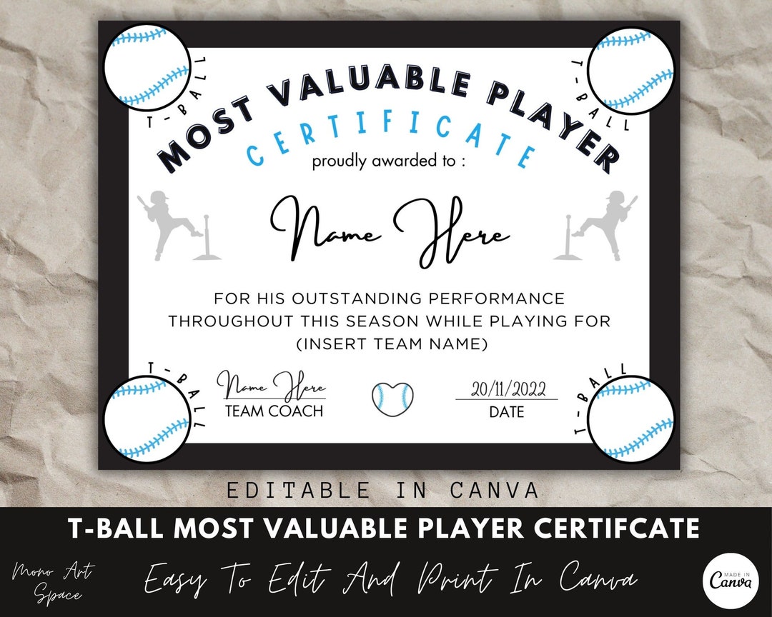 Most Valuable Player Award Certificate, Canva Template, Editable T-ball ...