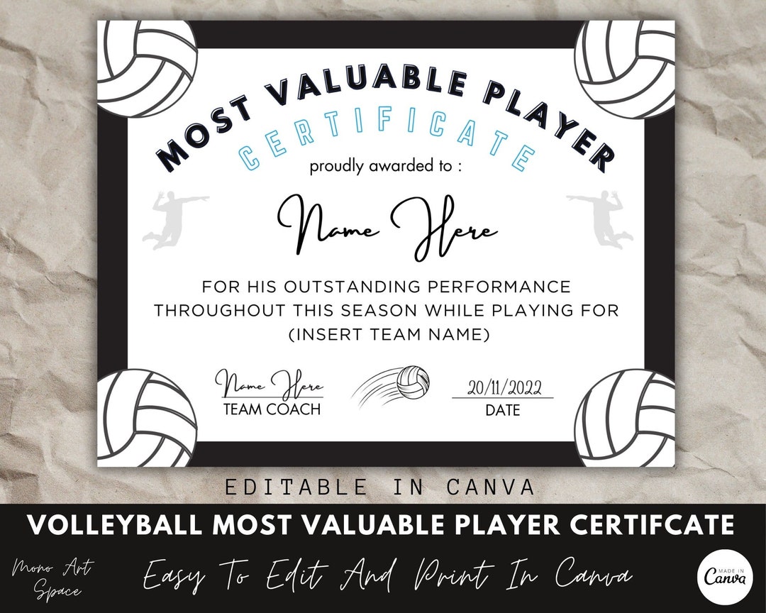 Most Valuable Player Award Certificate, Canva Template, Editable ...